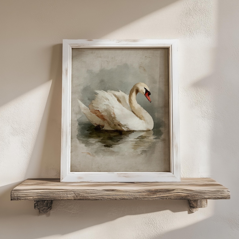 Vintage Swan Watercolor Print: Neutral Cottagecore Wall Art Digital ...
