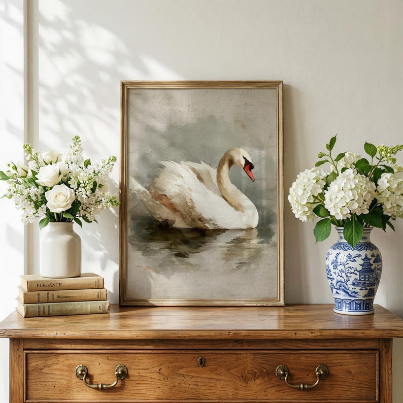 Vintage Swan Watercolor Print: Neutral Cottagecore Wall Art Digital ...