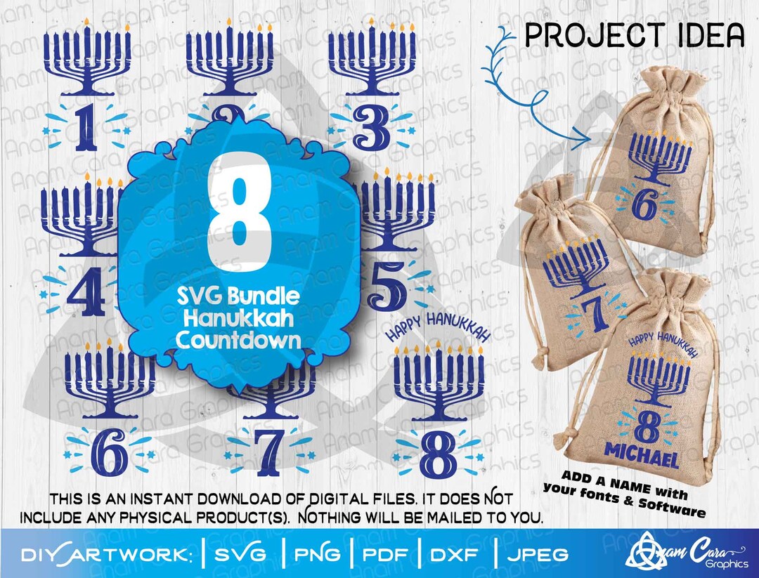 8 Hanukkah Countdown Designs SVG Cut or Print DIY Art Happy Chanukah ...