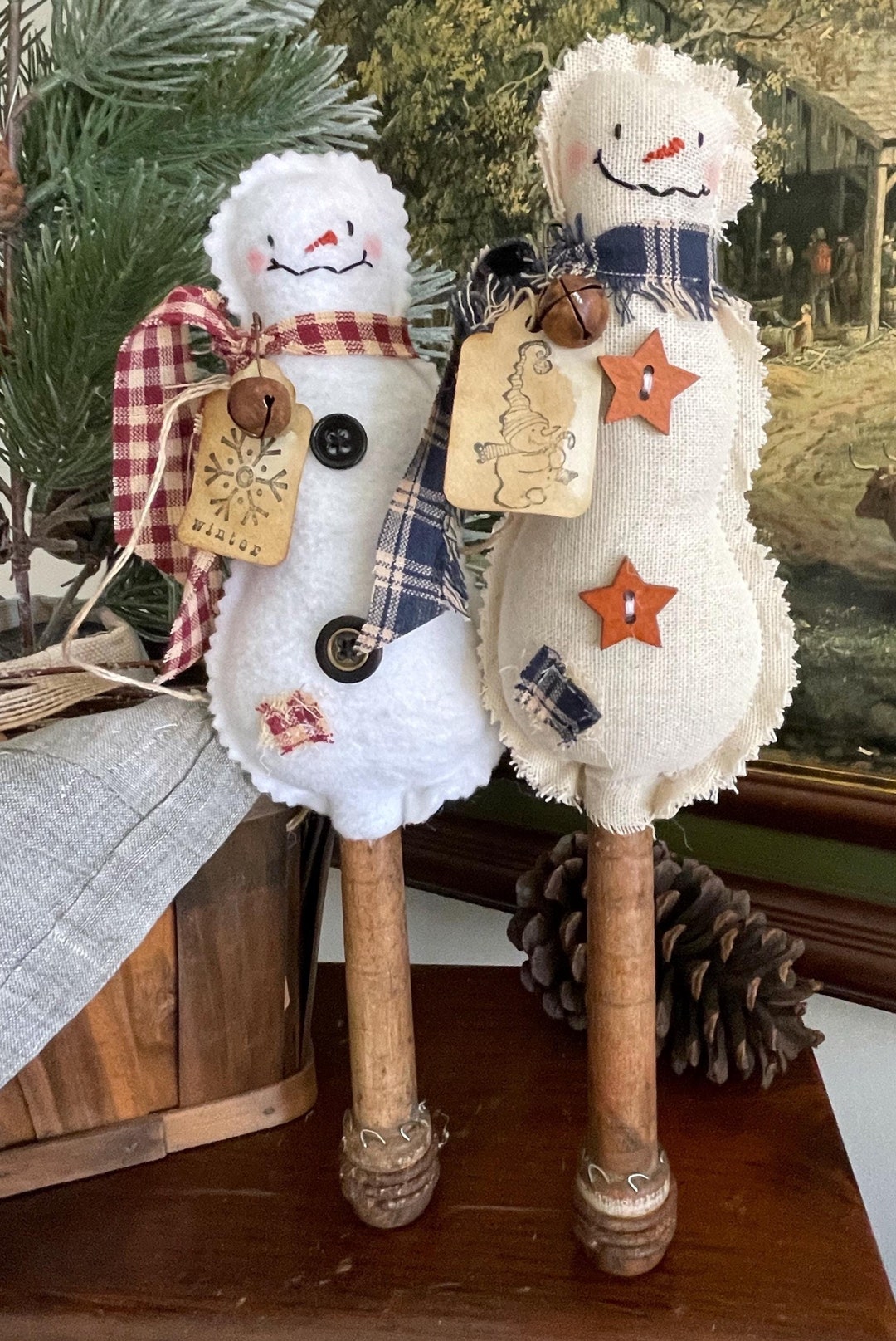 Spindle Snowman, Wood Snowman Bobbin, Primitive Snowman Decor ...