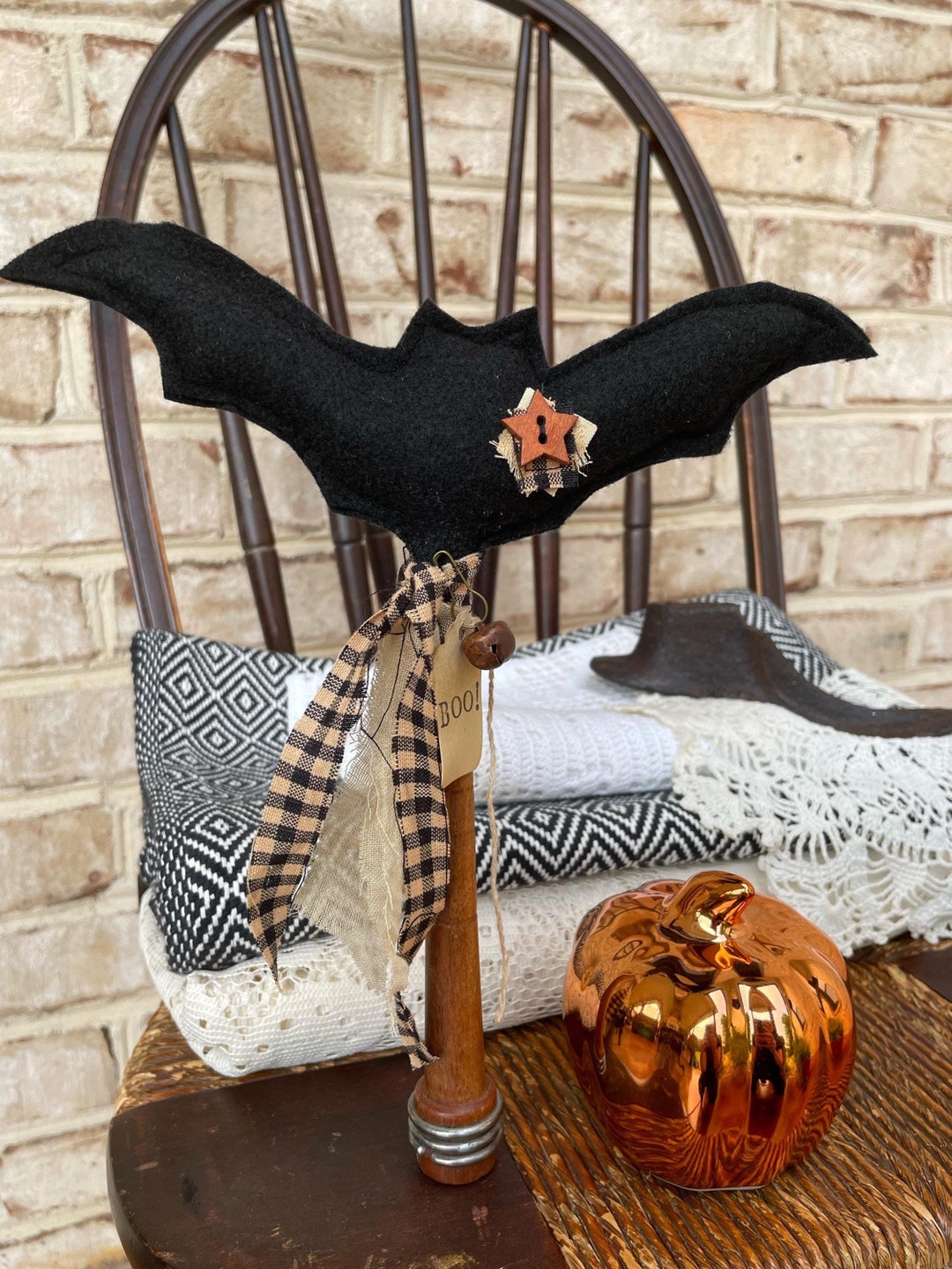 Primitive Black Bats, Primitive Bat on Stand, Bats for Halloween Decor ...