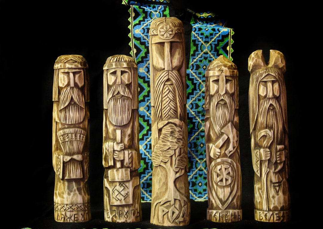 Hand Carved Wooden Slavic Pantheon. Svarog, Rod, Veles, Perun, Dajdbog ...