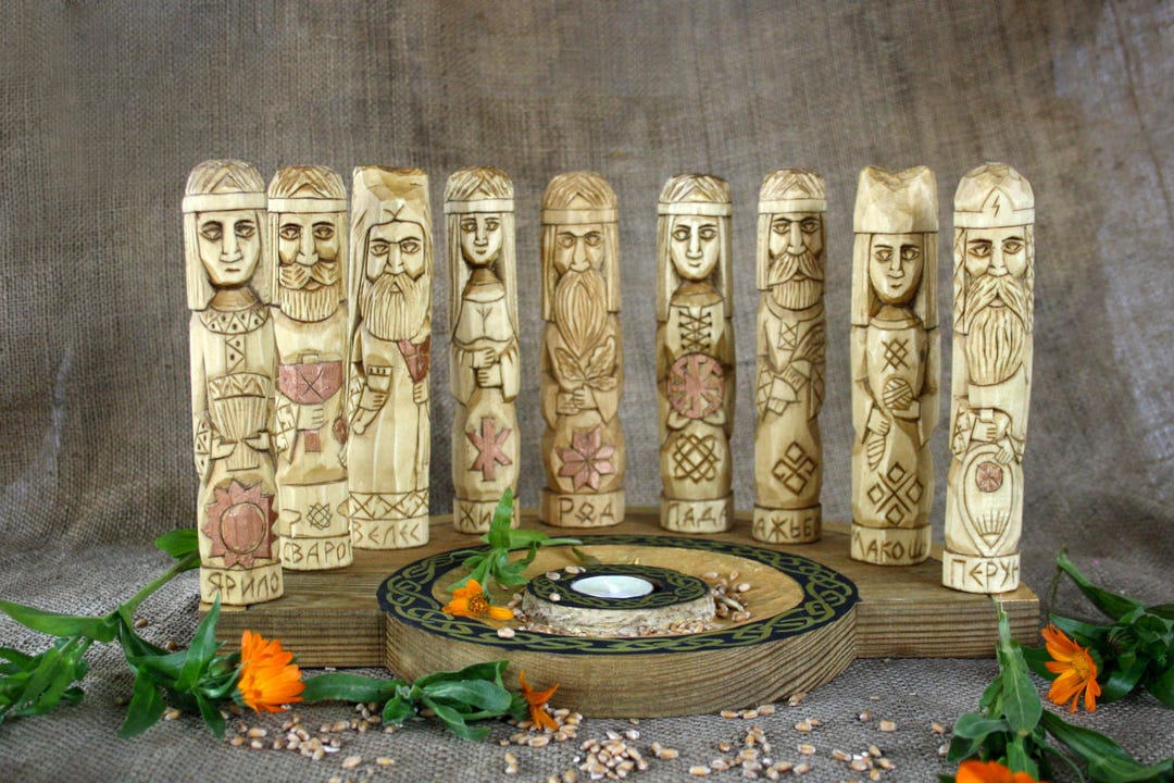 Slavic Gods Made of Wood. Set of Gods With an Altar. Perun, Veles ...