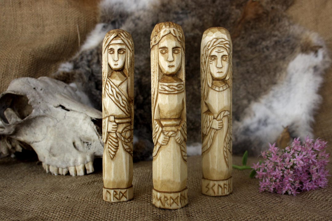 Wooden Norns. Set of 3 Wooden Norse Figurines. Scandinavion Gods. Urd ...
