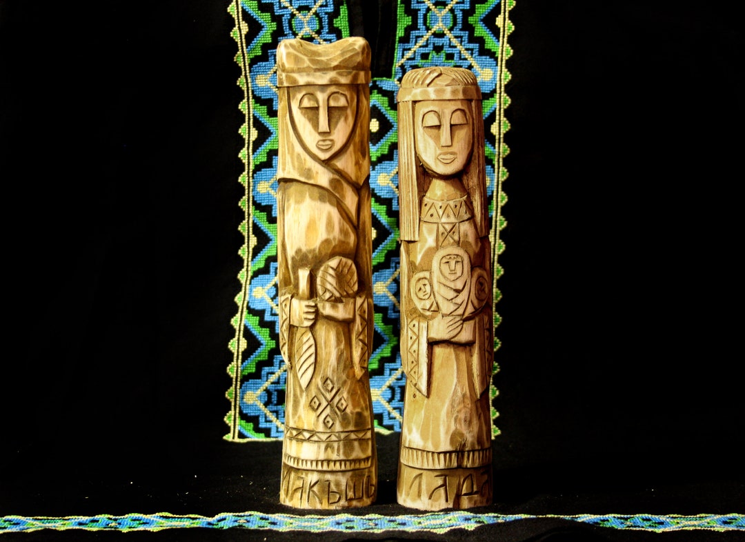 Hand Carved Wooden Slavic Pantheon. Lada and Makosh. God Statue, Wood ...