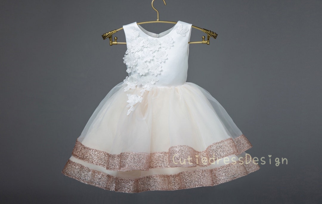 Ivory Satin Handmade Flower Bodice Chapagne Organza Skirt Knee Length ...