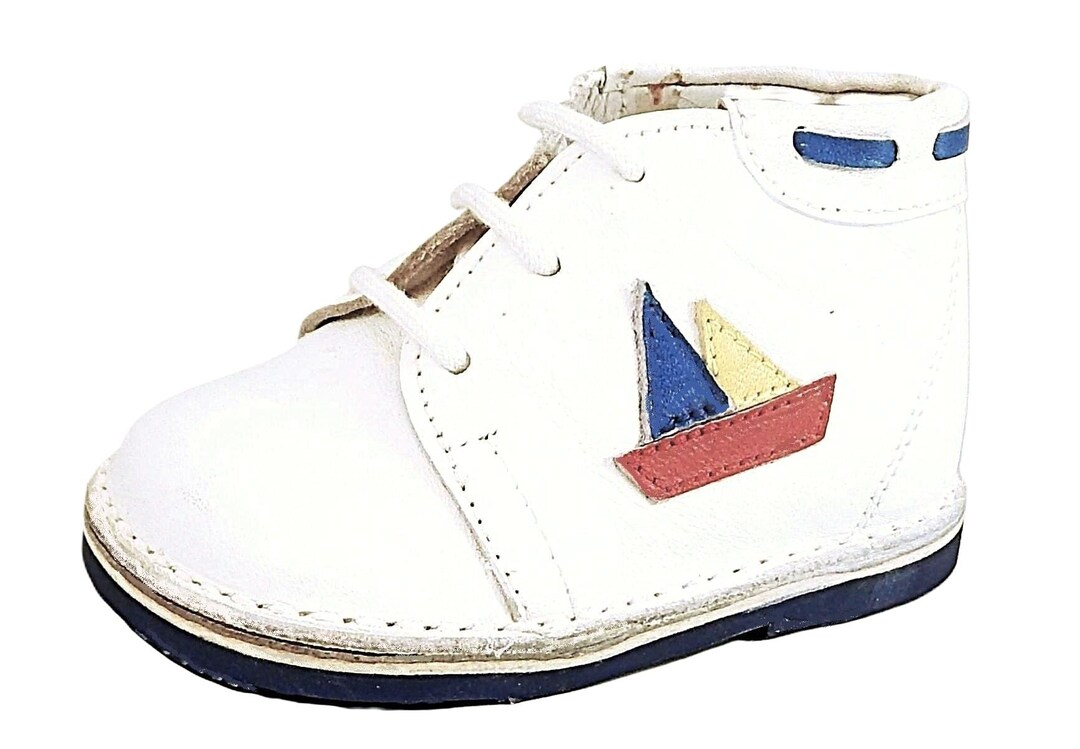 Vintage White Leather Baby Walking Boots: Handcrafted Sailboat Applique ...