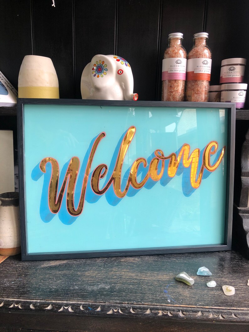 23 Carat Gilded Glass Welcome Sign Handmade in Cornwall - Etsy UK