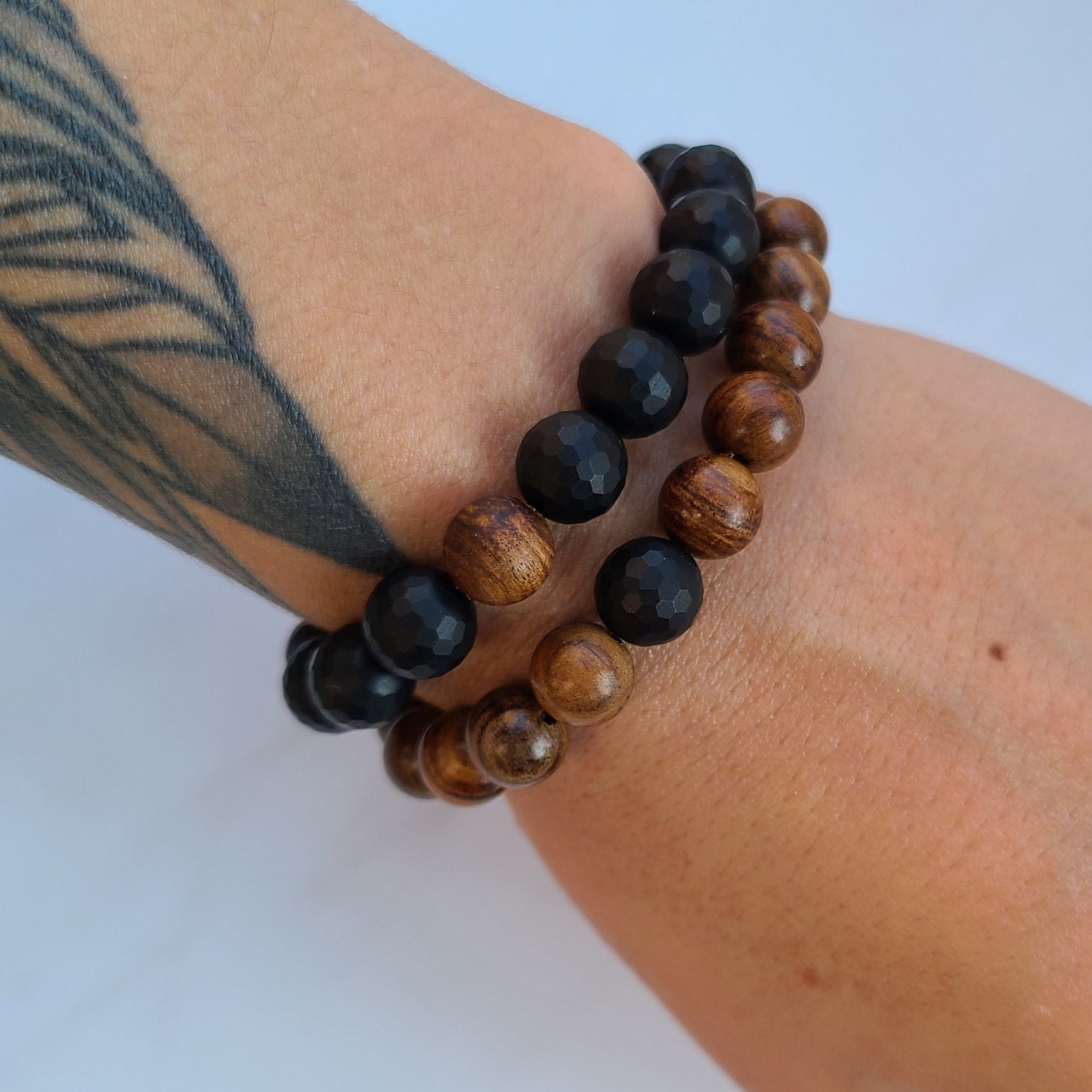Black Geometric Cut Onyx Bead Bracelet With Wood Accent Bead - Etsy