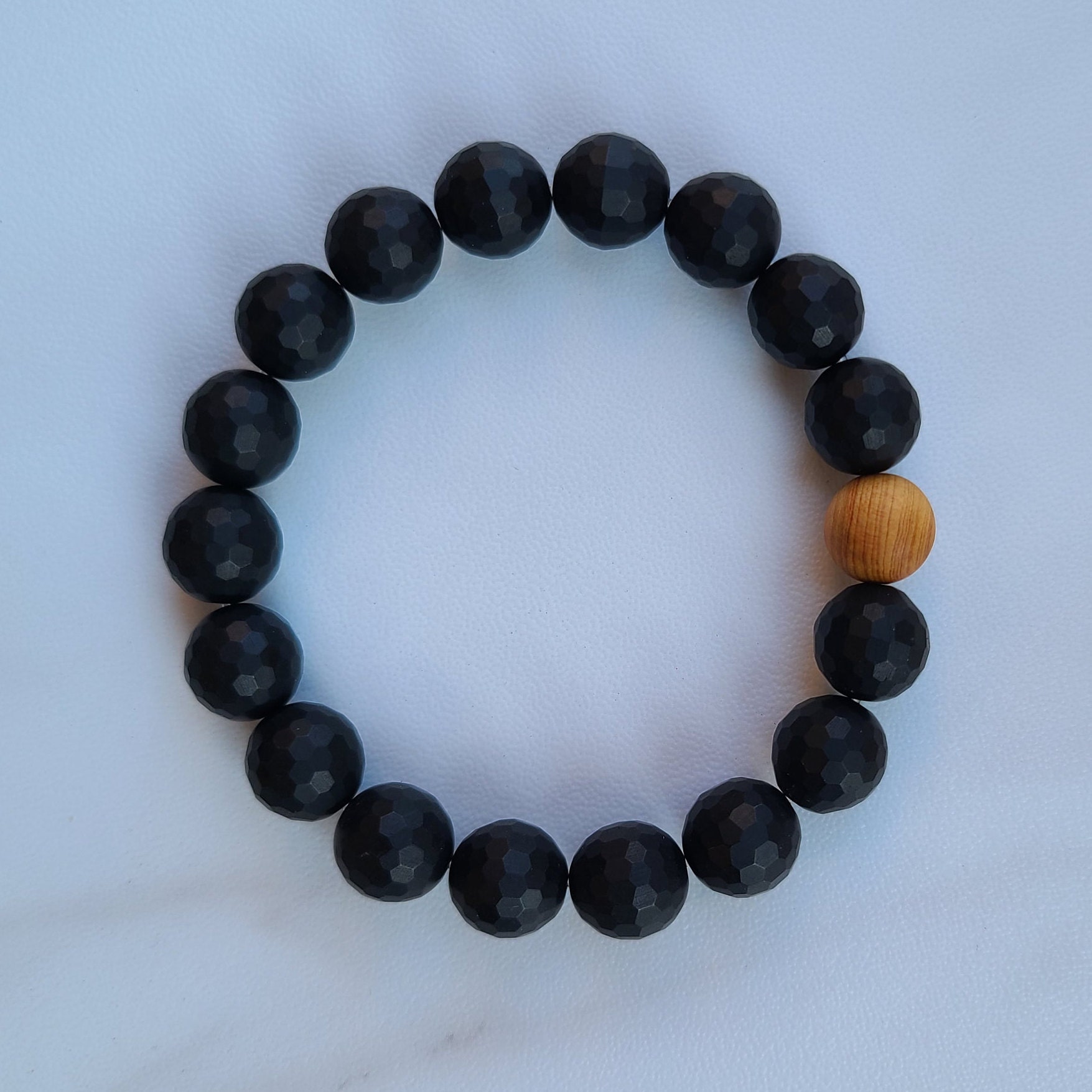 Black Geometric Cut Onyx Bead Bracelet With Wood Accent Bead - Etsy