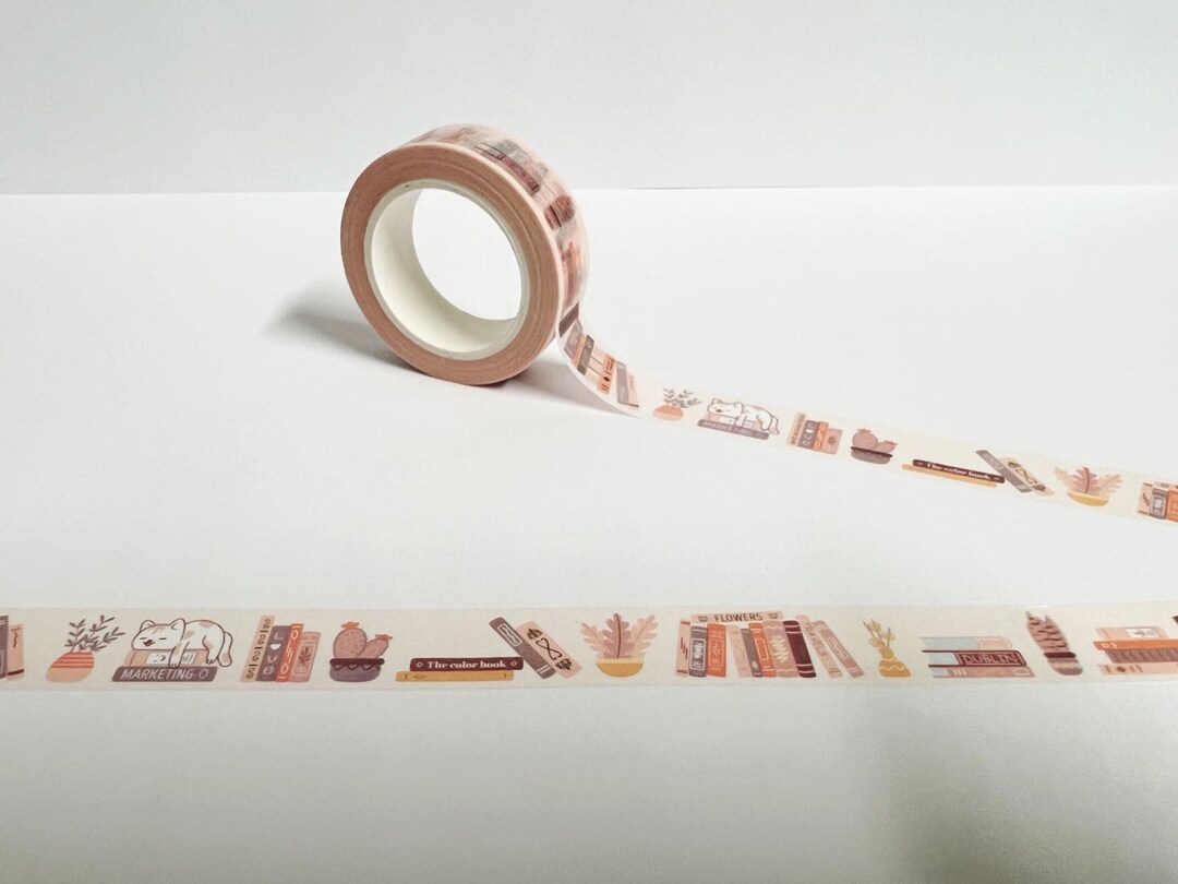Book and Cat Washi Tape, 15mm Washi Tape, Reading Planner, Library ...