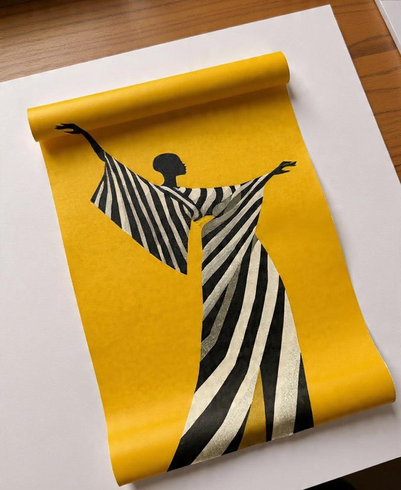 Abstract African Woman Print, Striped Dress, Black Figure Silhouette ...