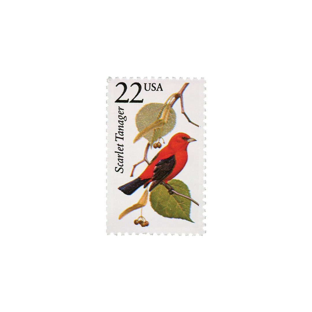 5 Scarlet Tanager Bird Postage Stamps // UNUSED // 22 Cent Stamp ...
