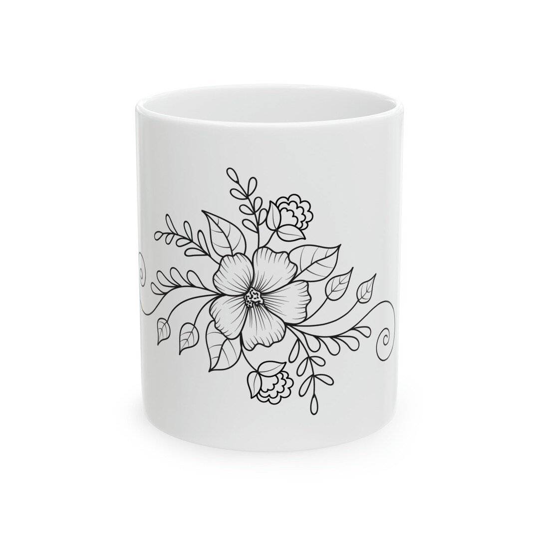 Black Design Flower Simple Flower Design Ceramic Mug, 11oz - Etsy