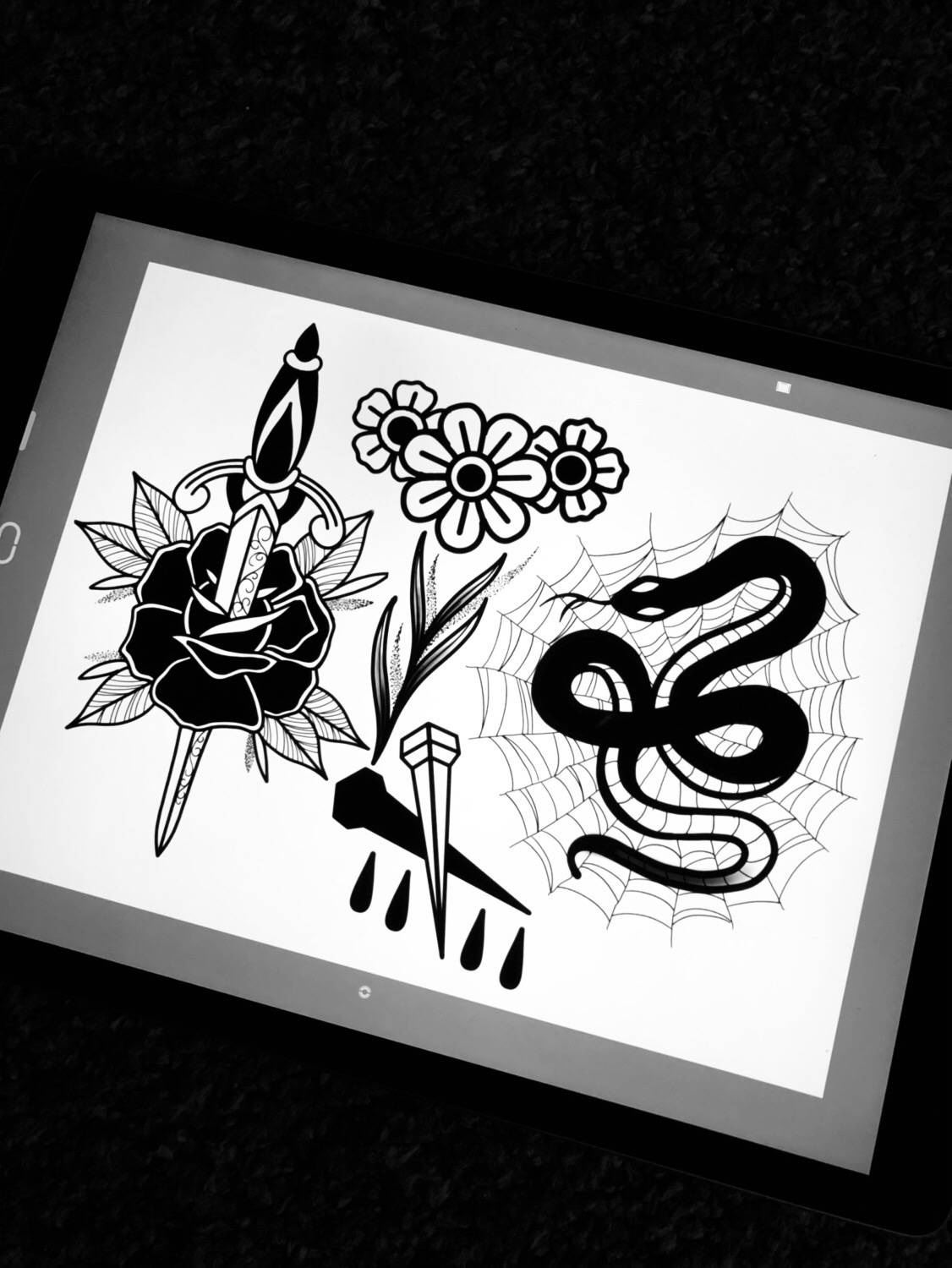 Traditional Blackwork Art Print High Quality A4 , Dagger/rose, Snake ...