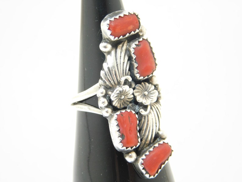 Native American Richard Begay Coral and Sterling Silver Ring T5 - Etsy