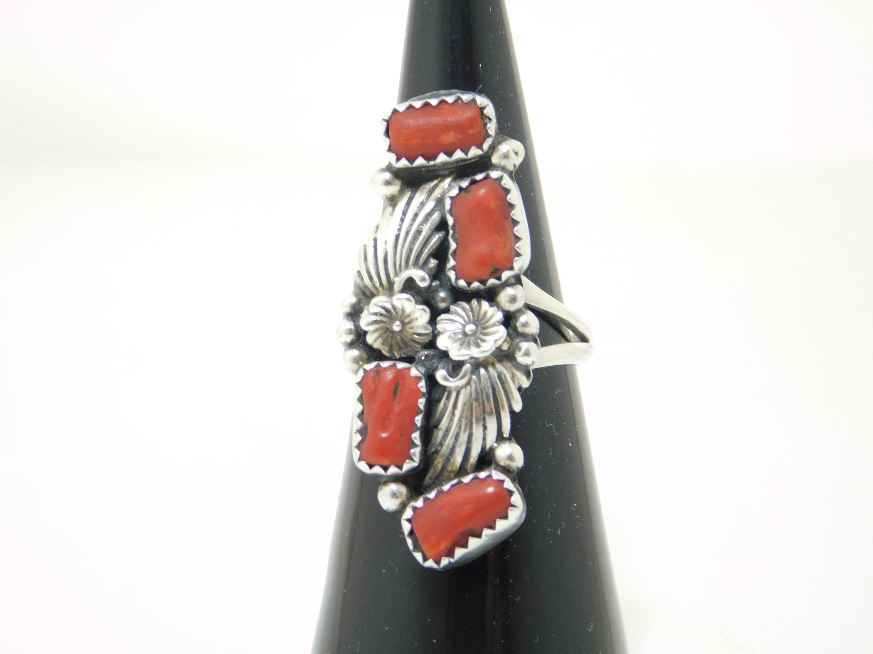 Native American Richard Begay Coral and Sterling Silver Ring - Etsy