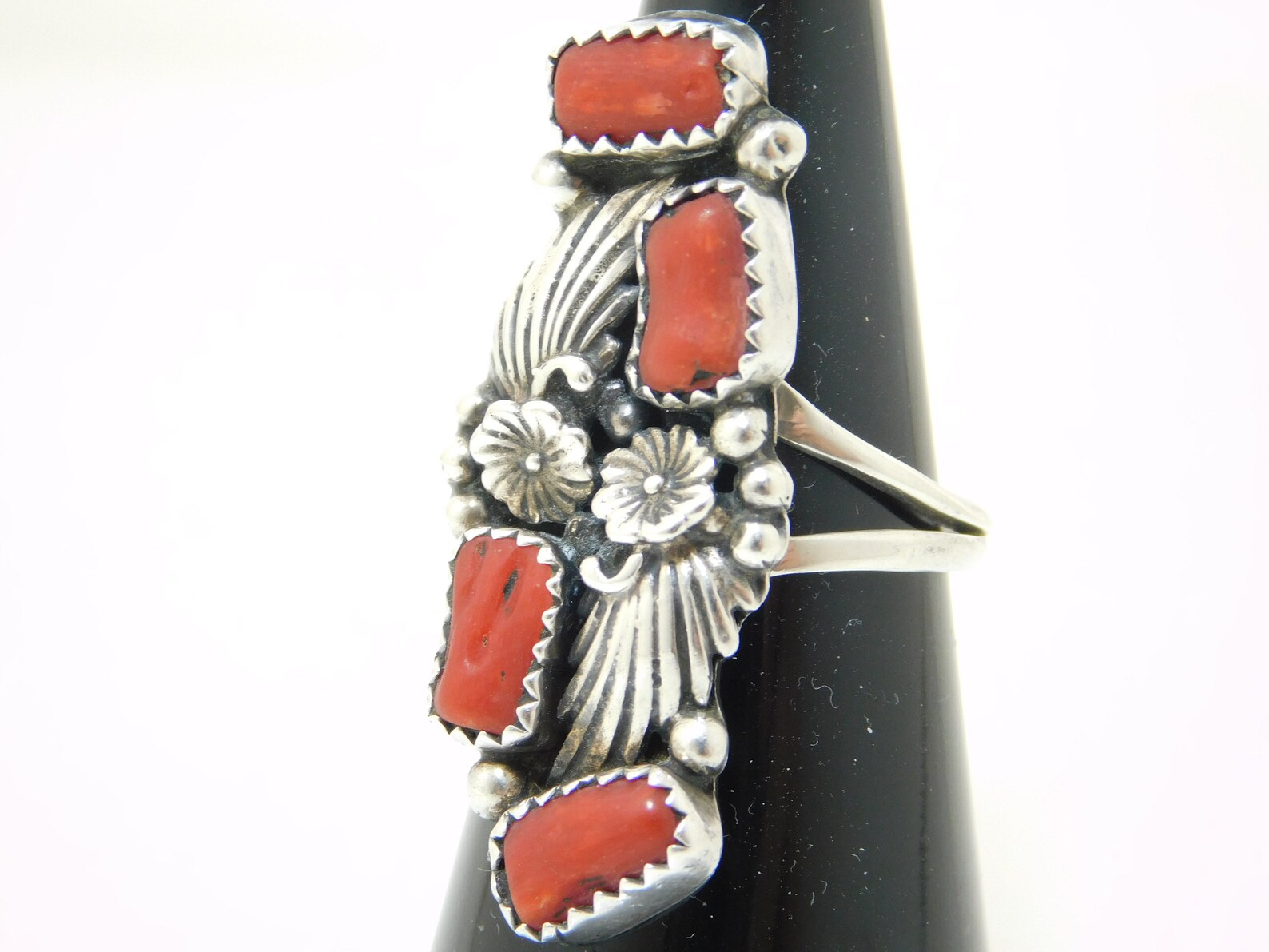 Native American Richard Begay Coral and Sterling Silver Ring - Etsy