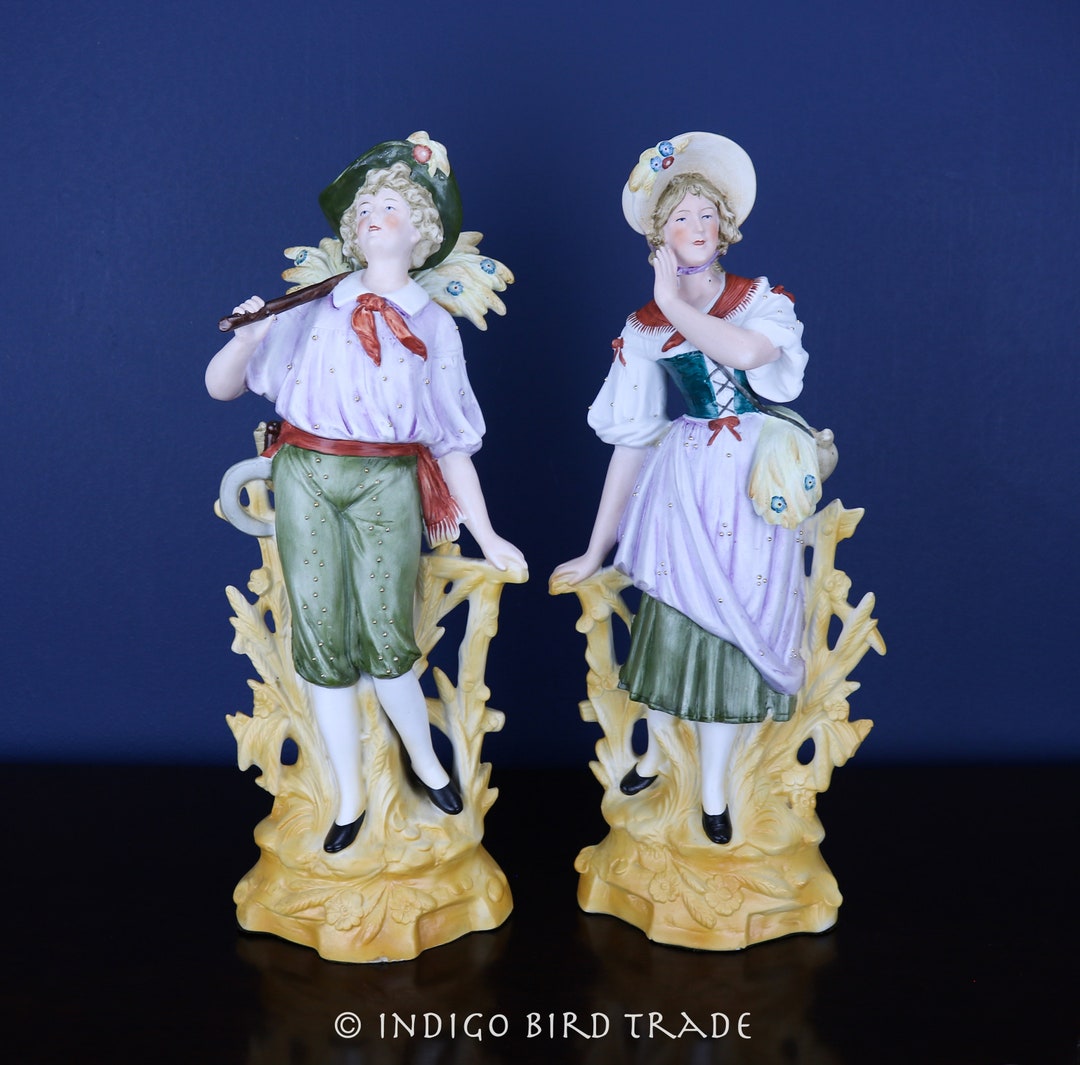 16" Huge Pair of 1900's Antique German Bisque Porcelain Statues ...