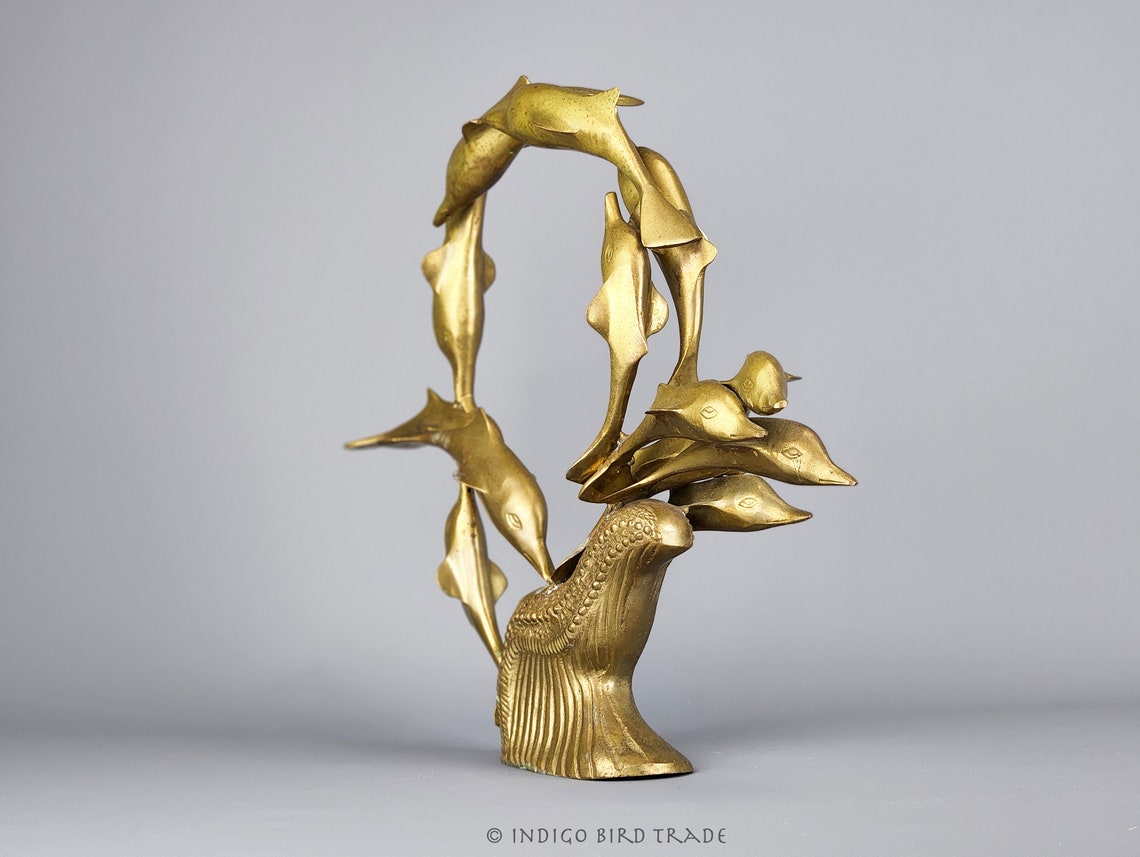 Large Solid Brass Dolphin Sculpture | Vintage Gold Dolphin Statue Mid ...