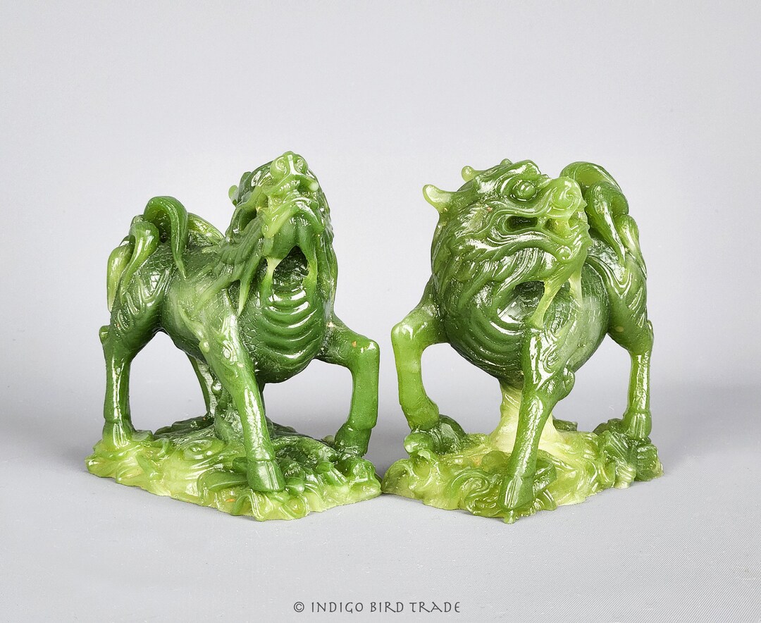 Pair of Vintage Foo Dog Statues in Jade Color | Antique Chinese Green ...