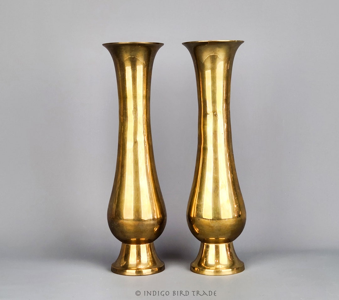 Pair of Vintage Solid Brass Vases | Mid Century Gold Metal Flower Vases ...