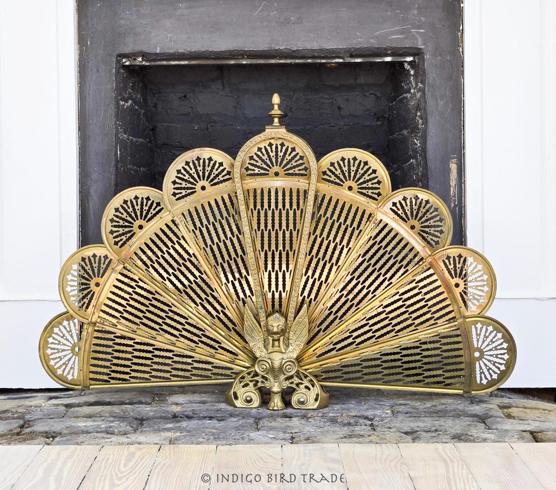 Antique Brass Griffin Peacock Fan Fireplace Folding Screen | Victorian ...