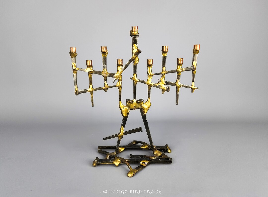 Brutalist Metal Menorah Candelabra Mid Century Modern Vintage Jewish ...