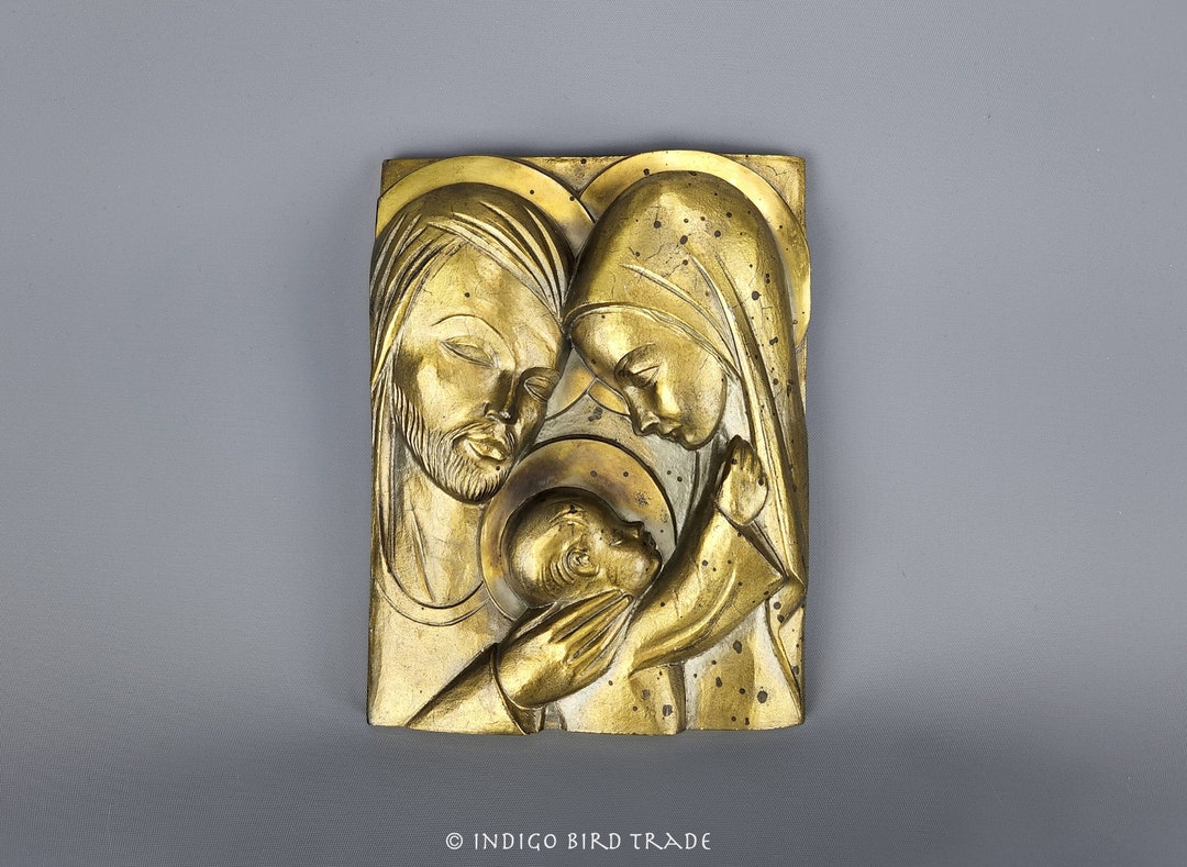 Antique Gilt Metal Holy Family Wall Hanging Plaque | High Relief Gold ...
