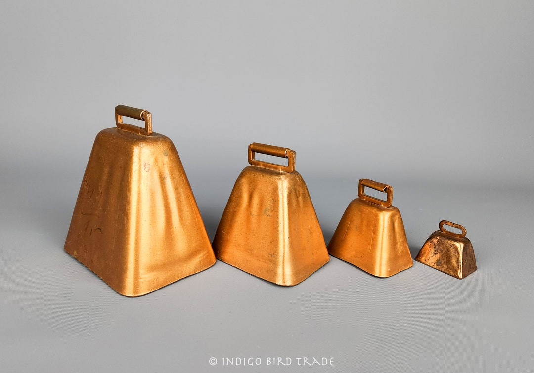 Vintage Copper Cow Bells Set of 4 | Antique Metal Graduated Goat Bells | Large to Small Farm ...