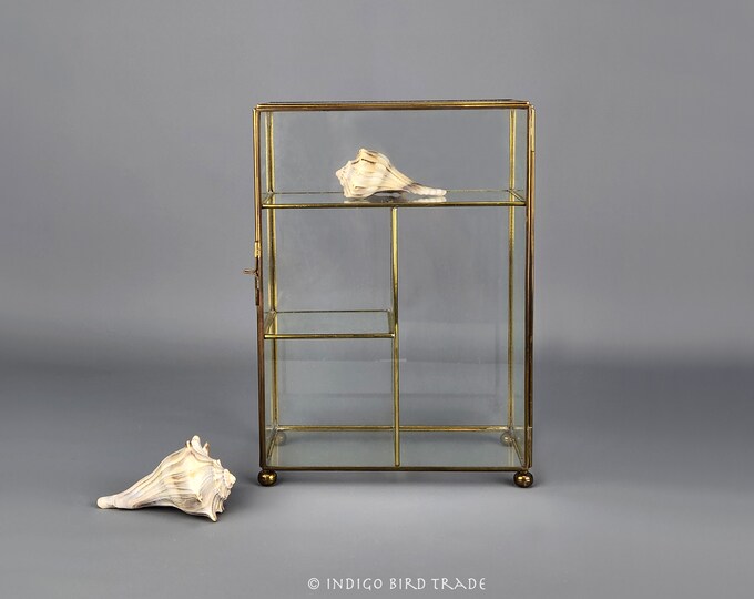 Vintage Glass and Brass Curio Cabinet Display Glass Gold Case Table Top ...