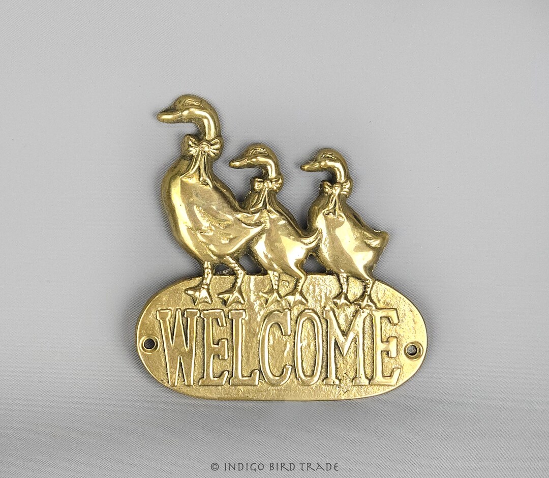 Vintage Solid Brass Welcome Sign With Country Goose Family | Gold Metal ...