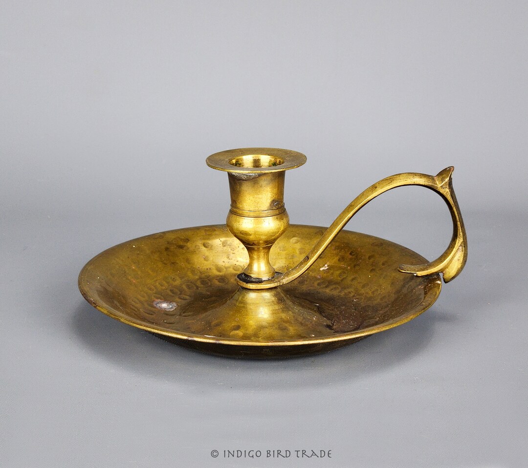 Large Vintage Hammered Brass Chamber Candlestick | Antique Chamberstick ...