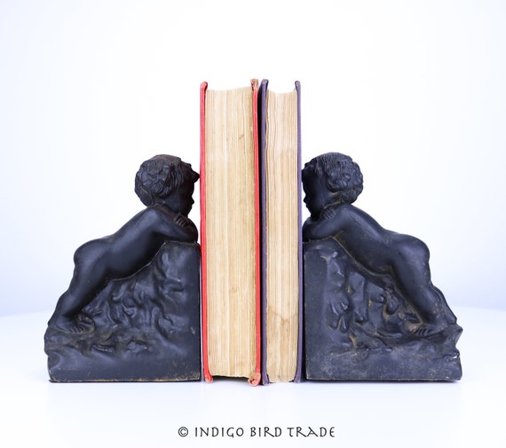 Antique Pair of Cherub Bookends Black Metal Vintage Putti | Etsy