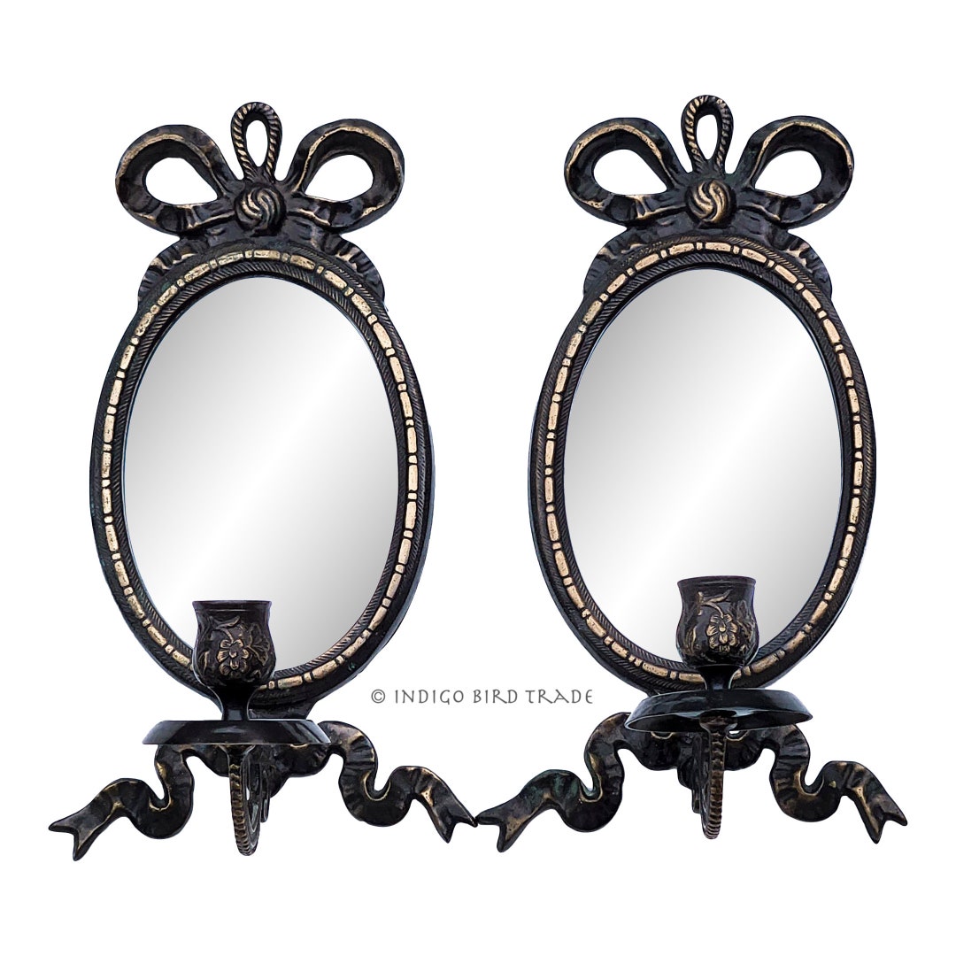 Pair of Vintage Ornate French Style Brass Mirrored Sconces With Ribbon ...
