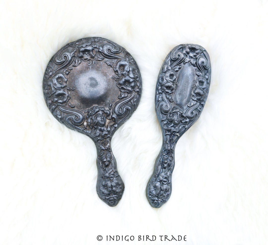 1900's Art Nouveau Repousse Hand Mirror and Brush Set Silver Plated ...