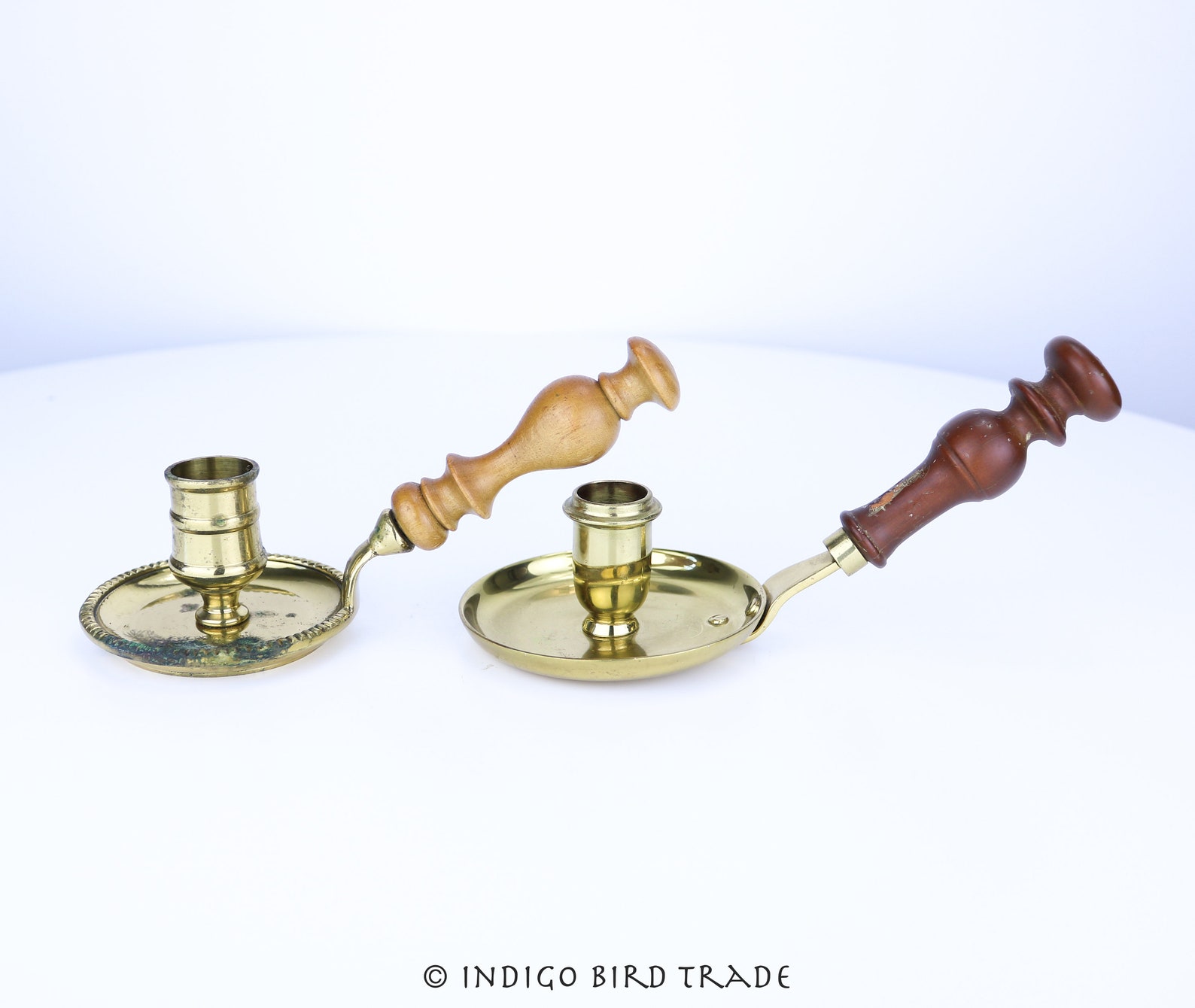 Pair of Vintage Brass Colonial Candlesticks With Wood Handle - Etsy