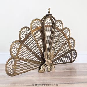 Antique Brass Griffin Peacock Fan Fireplace Folding Screen | Victorian ...