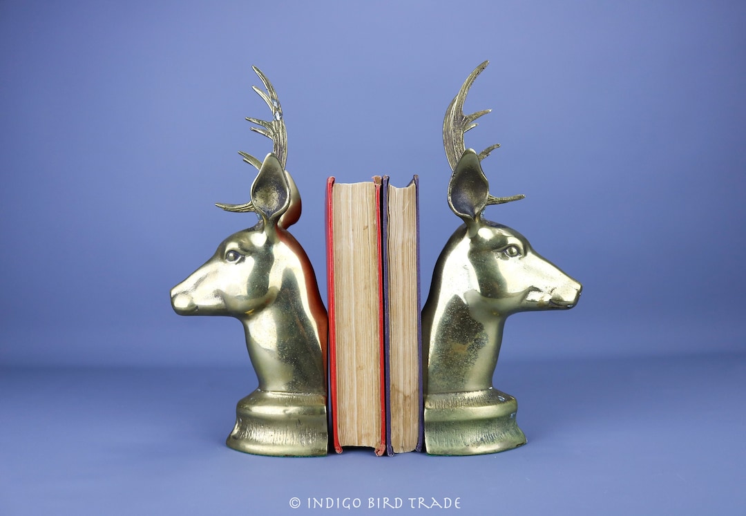 11.5" Pair of Vintage Solid Brass Deer Head Bookends Antique Gold Metal ...