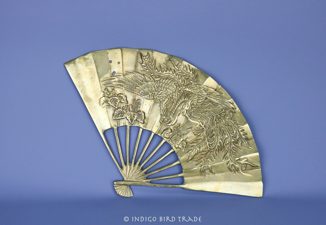 Vintage Brass Oriental Hand Fan Dragon Phoenix Wall Hanging Decor ...