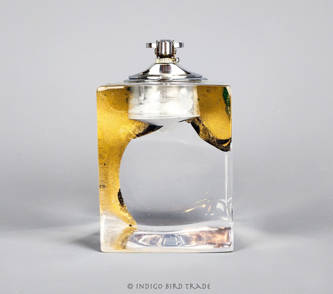 Mid Century Lucite and Glass Large Table Lighter With Gold and Black ...