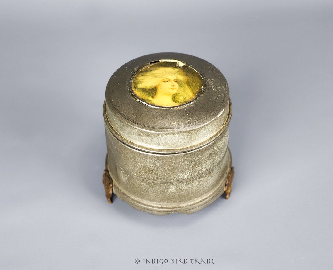 1920's French Metal Powder Puff Music Trinket Box | Antique Vanity ...