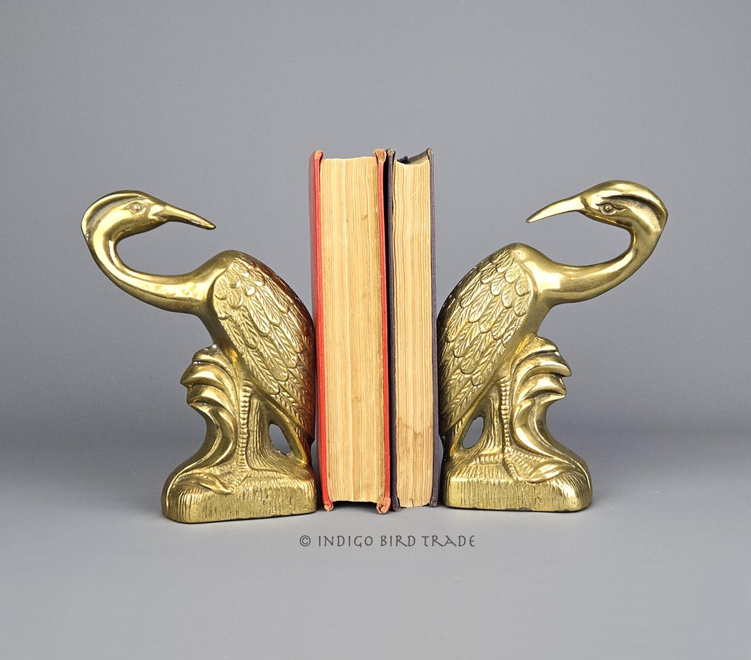 Art Deco Solid Brass Crane Bookends Set of 2 | Vintage Bronze Heron Erget Bird Book Ends Antique ...