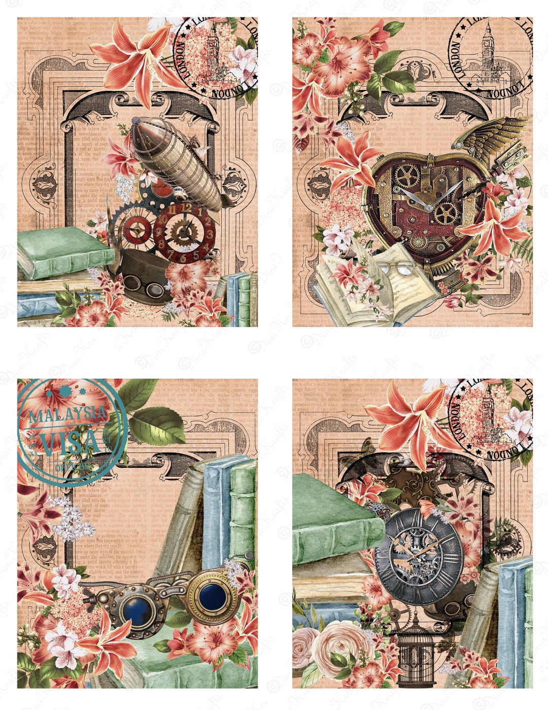 Steampunk Tags and Floral Art Inserts for Journals Peach Beautiful - Etsy