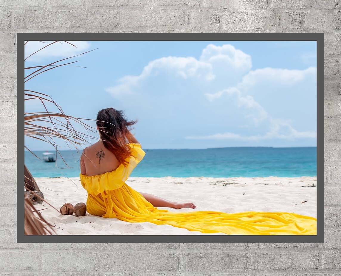 Tropical Beach Print | Woman in Yellow Dress, Blue Sea (digital ...