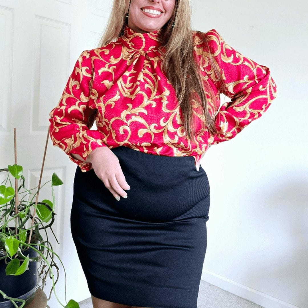 Vintage 80s Bright Red Gold Scroll Print Long Sleeve Blouse Eclectic M ...