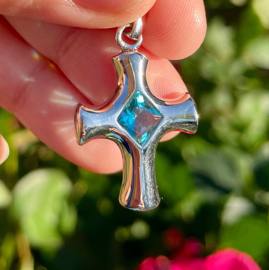 Vintage Late 1990's Solid Sterling Silver Blue Glass Cross Pendant ...