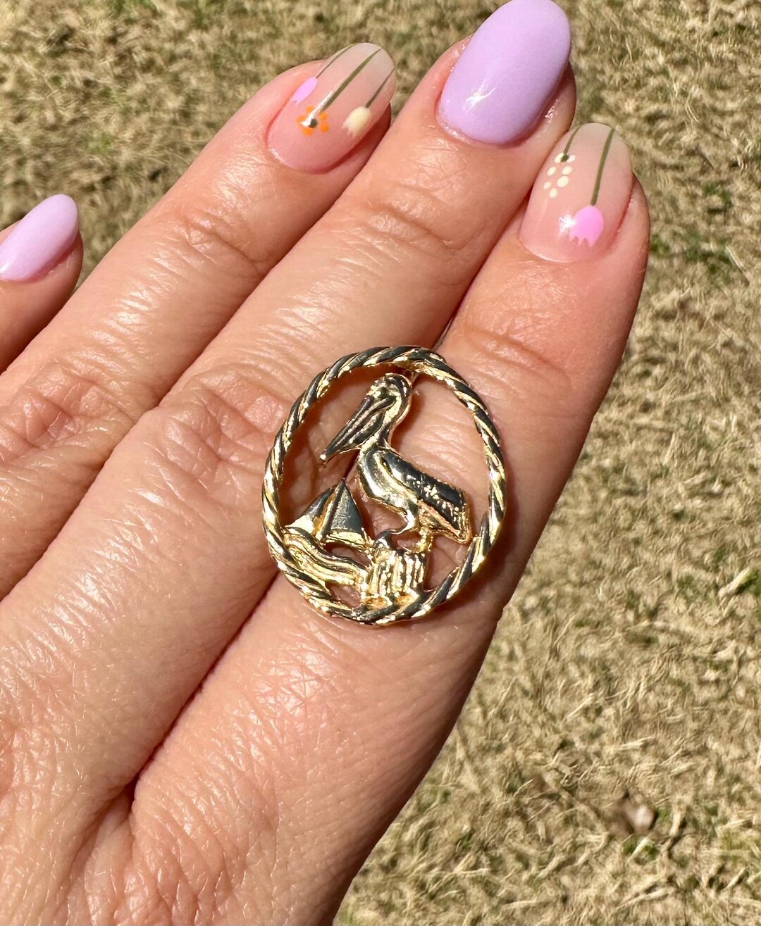 Vintage Solid 14k Yellow Gold Pelican Boat Rope Edge Ocean Theme ...