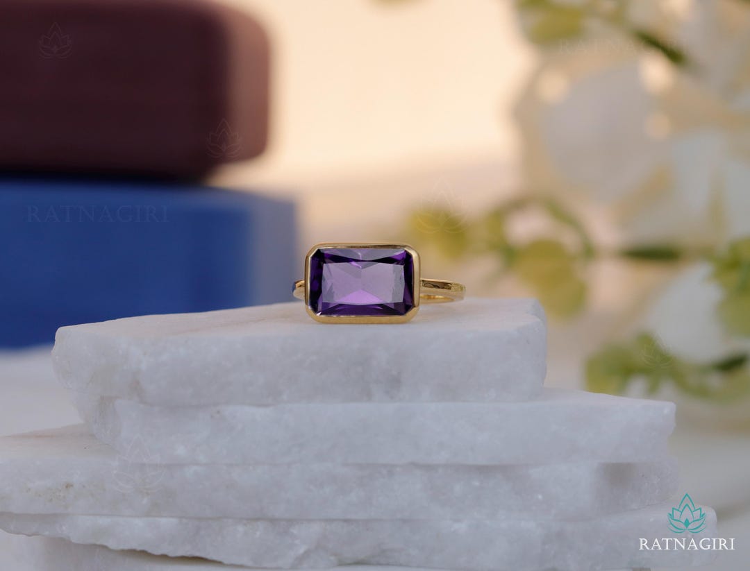 18k Solid Gold Vermeil Radiant Cut Amethyst Ring, 925 Silver Handmade ...