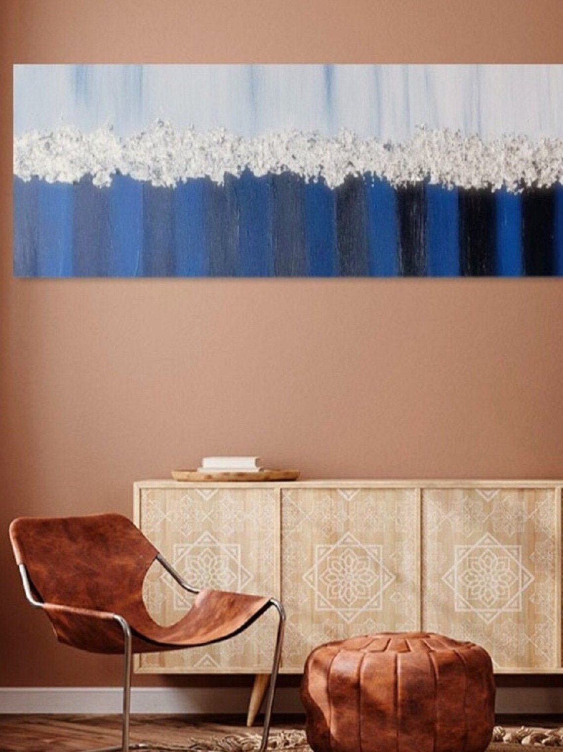 Abstract Silver Leaf Painting Navy Blue Textured Painting on - Etsy